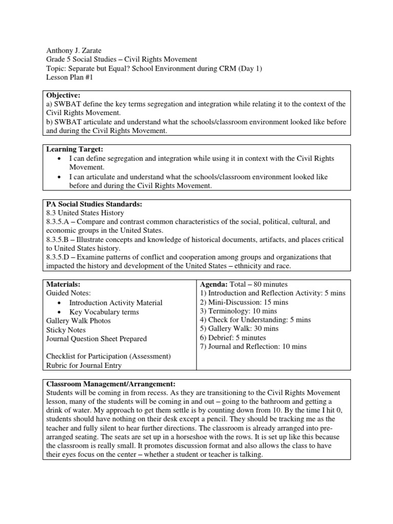 Lesson Plan #1 | Classroom | African American Civil Rights Movement ...