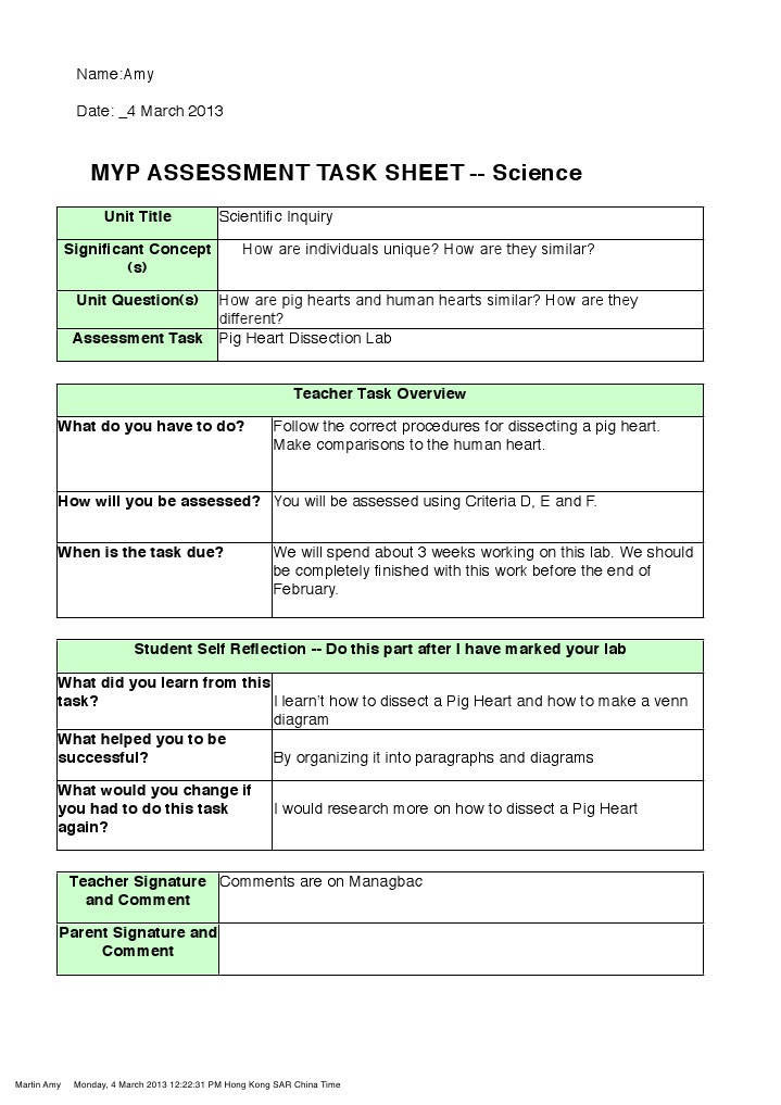 Pig Heart Dissection Lab Assessment Task Sheet | PDF | Hypothesis ...
