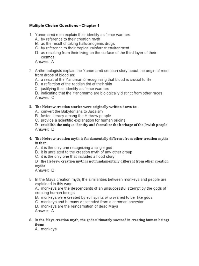 Creation Myths and Anthropology Quiz | PDF | Anthropology | Mythology