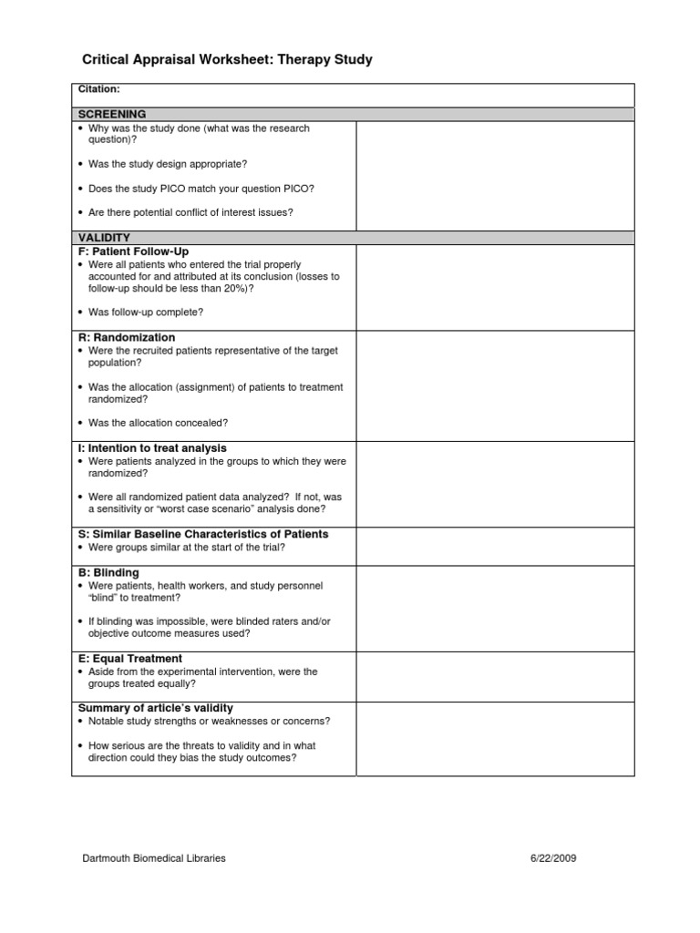 Critical Appraisal Worksheet Therapy | PDF | Randomized Controlled Trial | Evidence Based Medicine