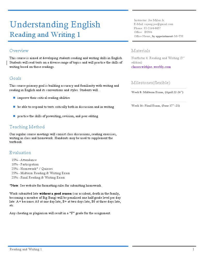 Reading and Writing Syllabus Overview | PDF