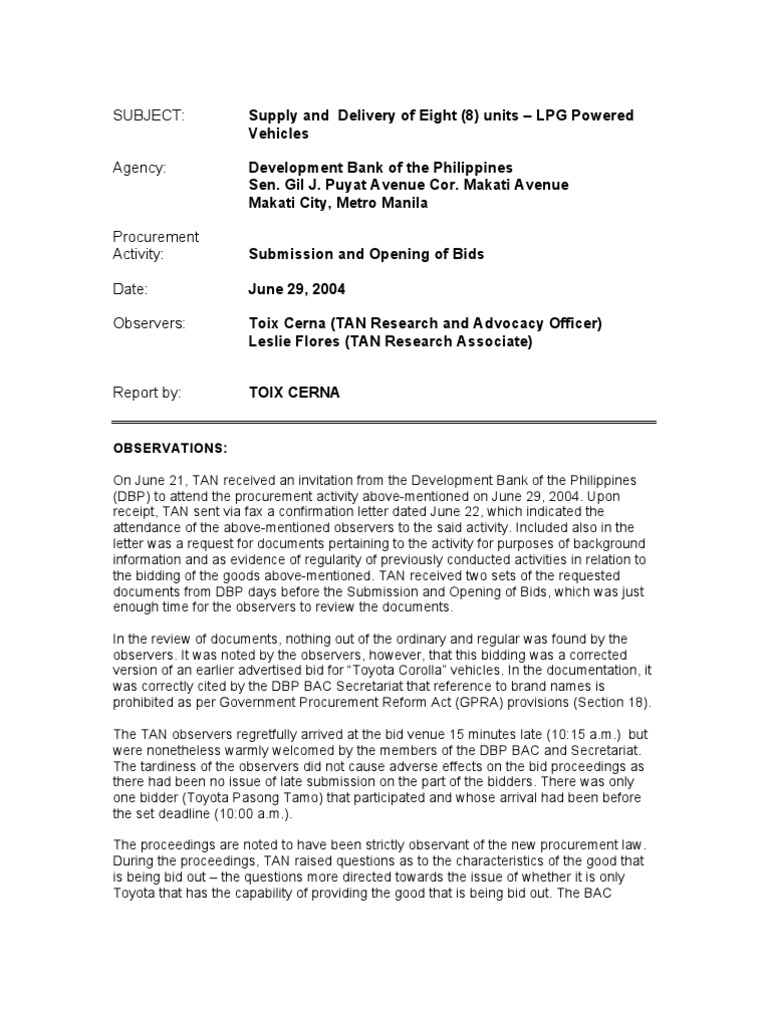 Sample Procurement Monitoring Report (DBP - LPG Cars 06-29-04) | PDF ...