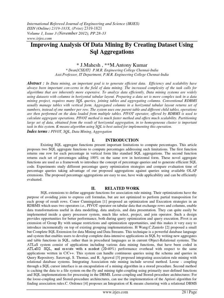 Improving Analysis of Data Mining by Creating Dataset Using SQL Aggregations | PDF | Sql ...
