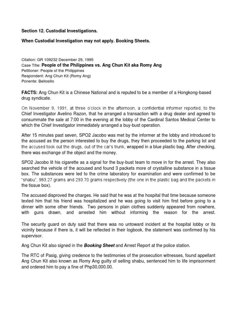 Sec. 12 (People v. Ang Chun Kit) Booking Sheets | PDF | Arrest | Police