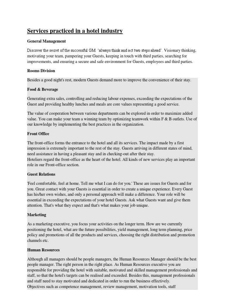 Services Practiced in A Hotel Industry | PDF | Brand | Strategic Management