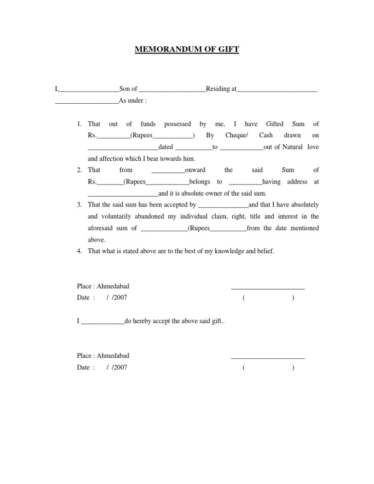 Memorandum of Gift Agreement Template | PDF