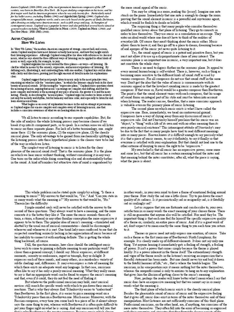 Copland - How We Listen | PDF | Feeling | Composers