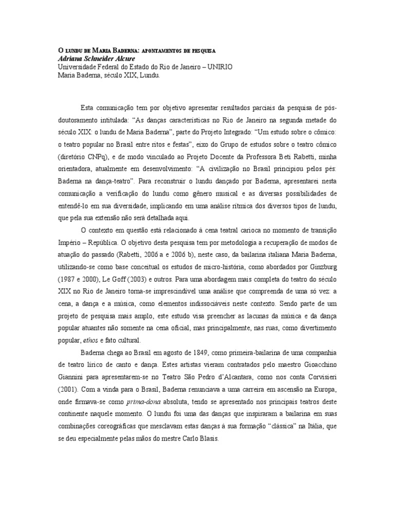 Lundu de Maria Baderna no Século XIX | PDF | Danças | Teatro
