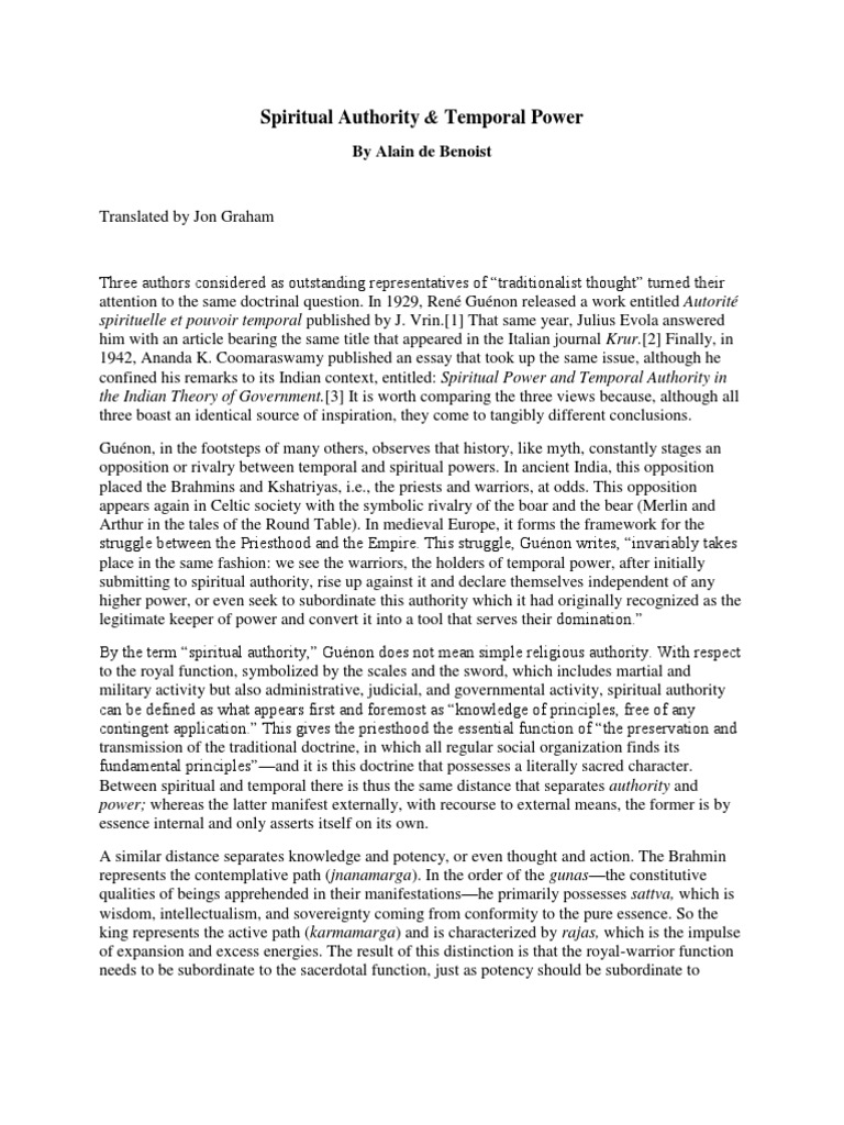 Spiritual Authority and Temporal Power by Alain de Benoist | PDF ...