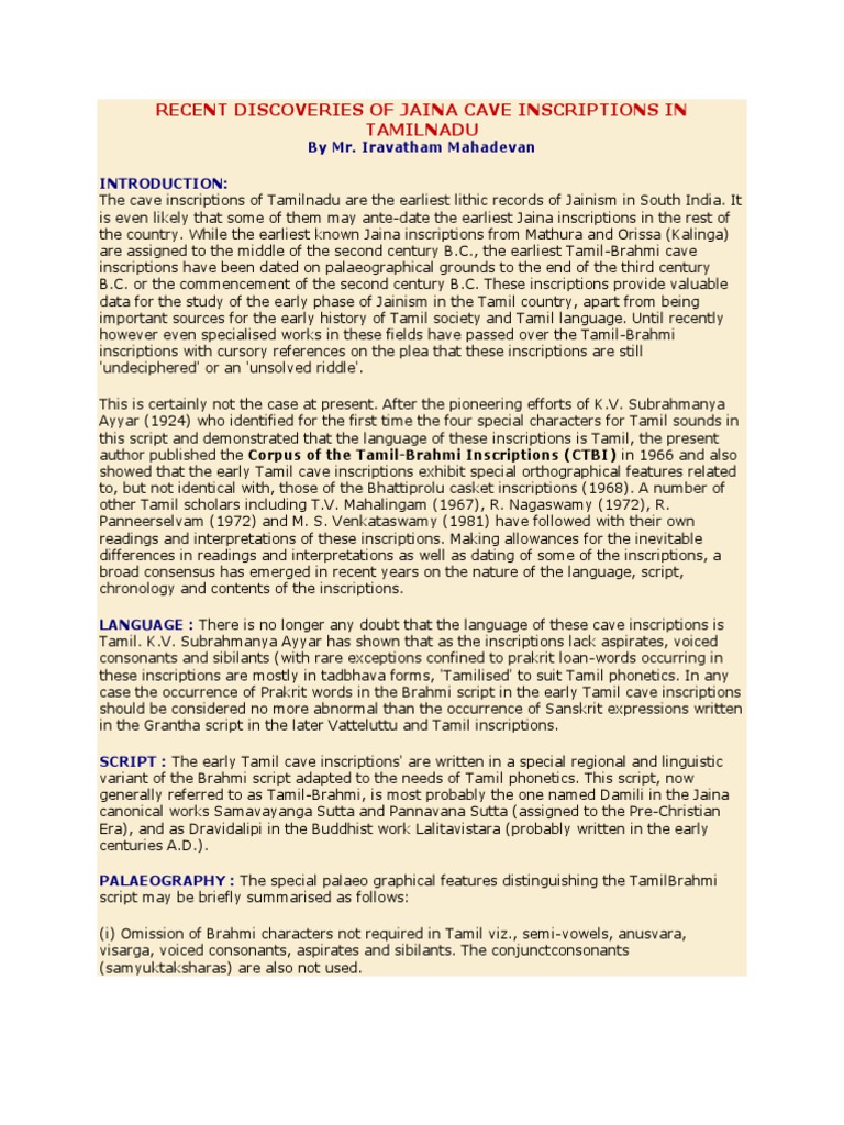 Recent Discoveries of Jaina Cave Inscriptions in Tamilnadu | PDF | Languages Of India | Linguistics