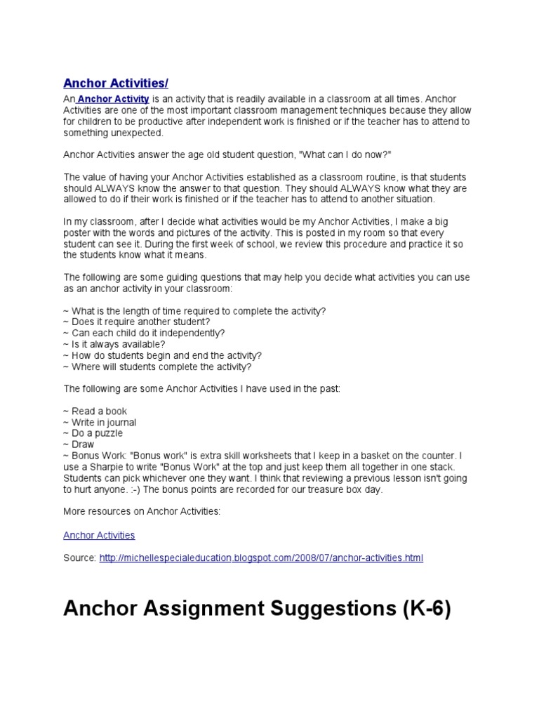 Anchor Activities for Teachers | PDF | Classroom Management | Classroom