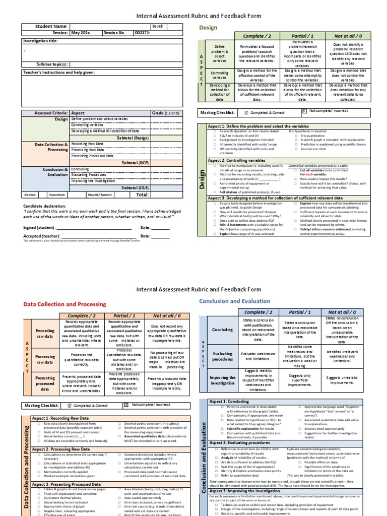 Internal Assessment Rubric and Feedback Form: Design | PDF | Data ...