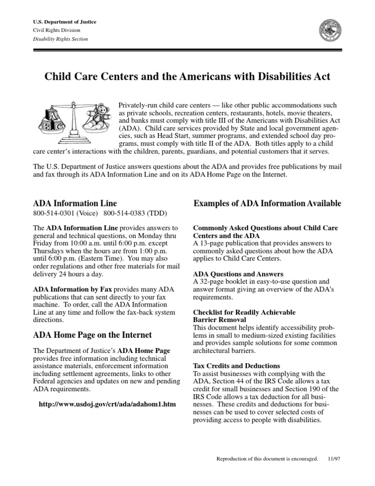 Child Care Centers and The Americans With Disabilities Act: Examples of ...
