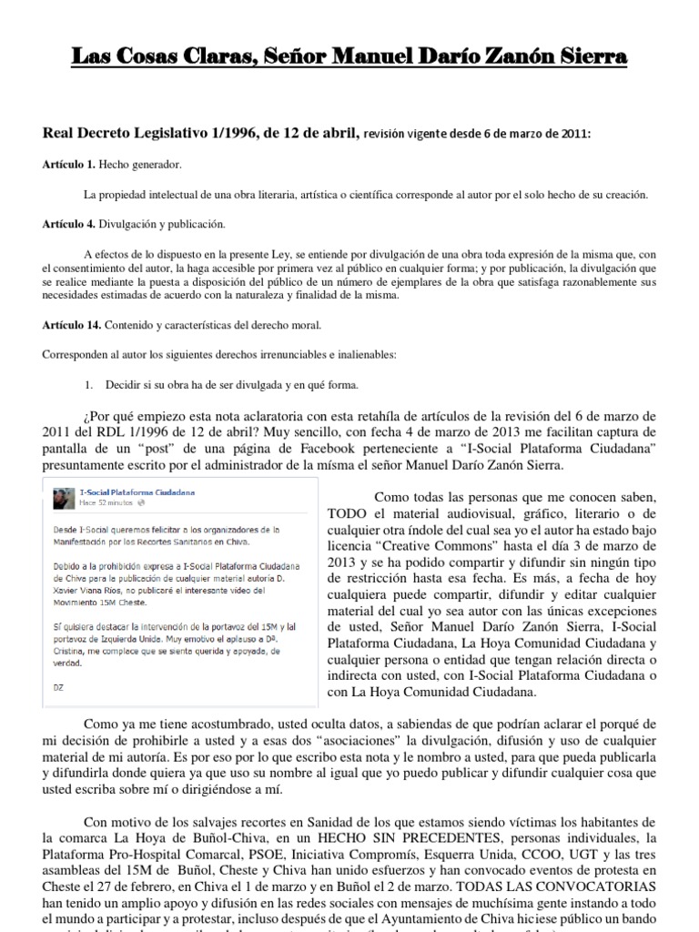 Las Cosas Claras Señor Manuel Darío Zanón Sierra | PDF | Autor | Facebook