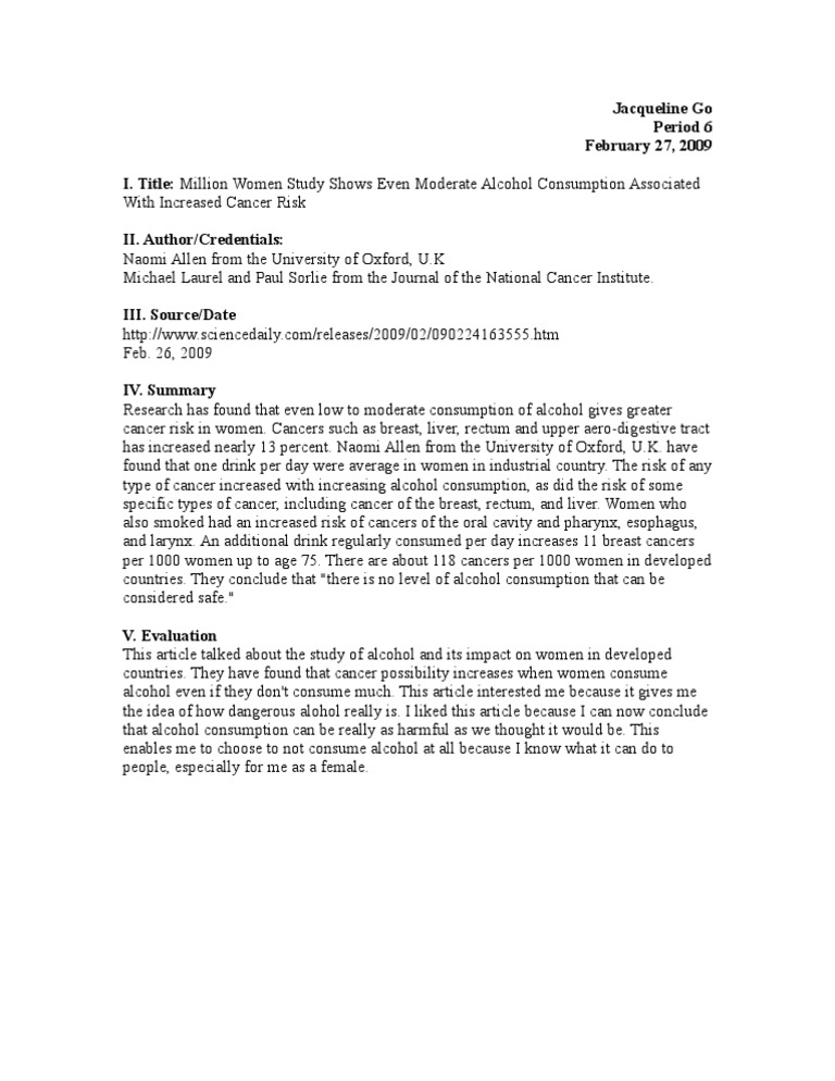 Jacqueline Go Period 6 February 27, 2009 I. Title: Million Women Study ...