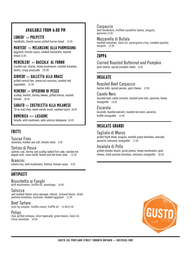Gusto Main Menu FEB 2013 No Wine | PDF | Italian Cuisine | Foods