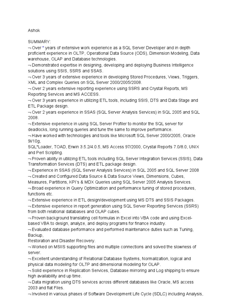 Resume SSIS, SSRS, SSAS, SQL Server Developer | PDF | Microsoft Sql ...