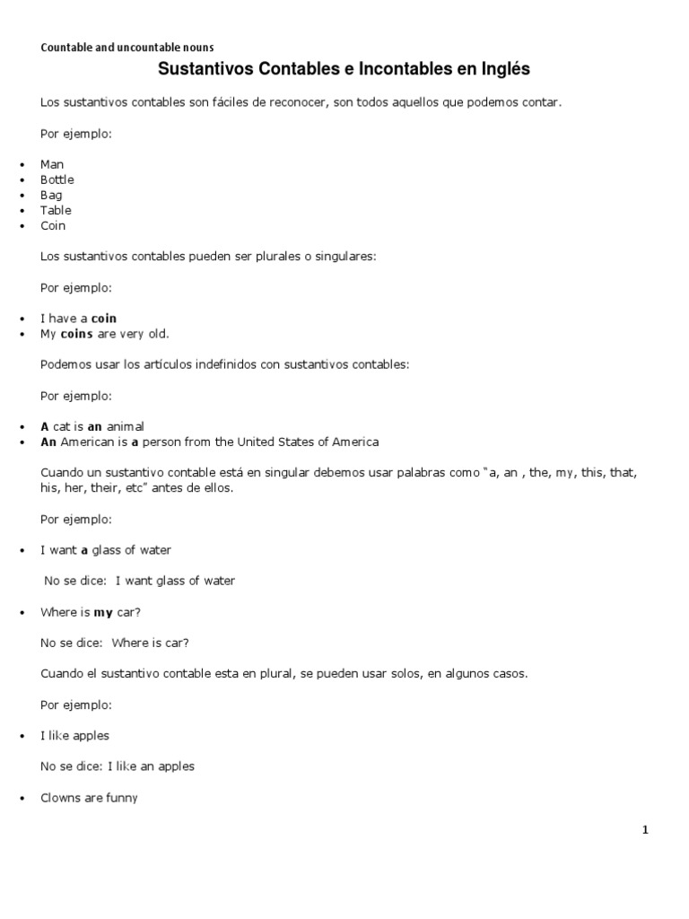 Sustantivos Contables e Incontables en Inglés | PDF | Sustantivo ...