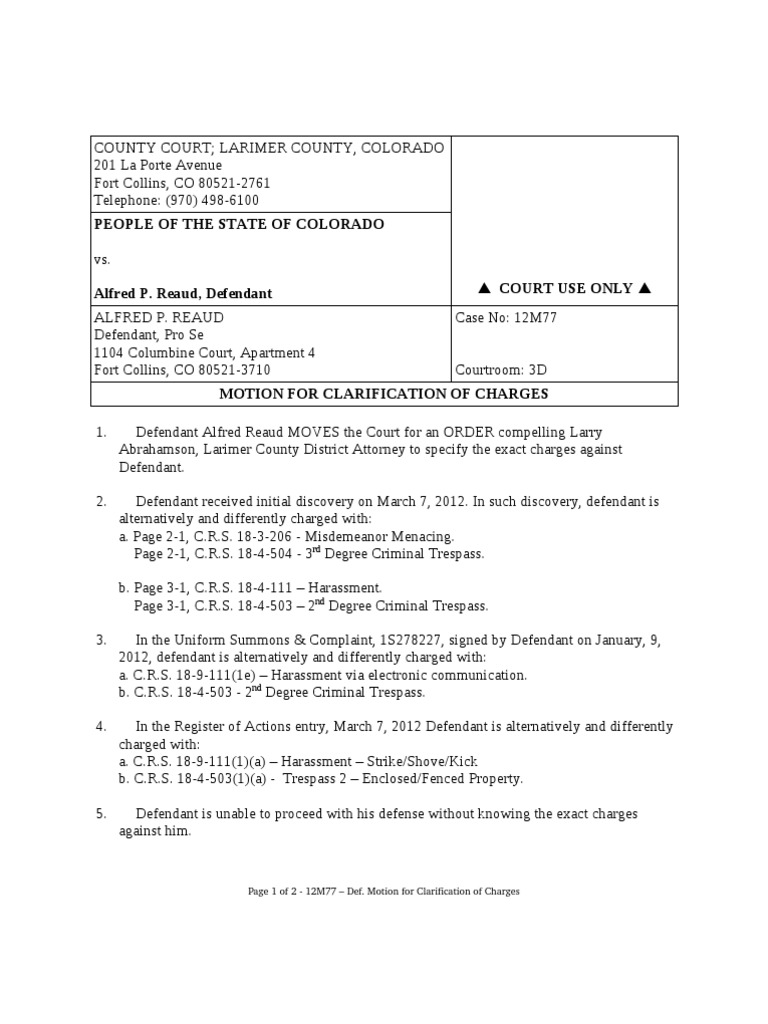 Motion For Clarification of Charges | PDF | Defendant | Pro Se Legal ...