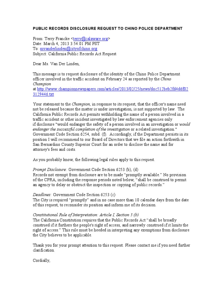 Public Records Disclosure Request To Chino Police Department | PDF