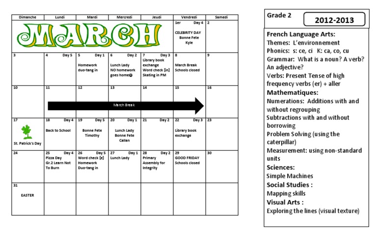 Grade 2 French Language Arts:: March Break | PDF