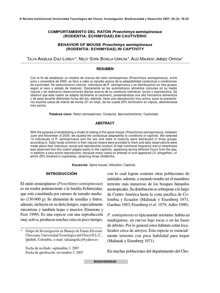 COMPORTAMIENTO DEL RATÓN Proechimys Semispinosus (RODENTIA: ECHIMYDAE ...