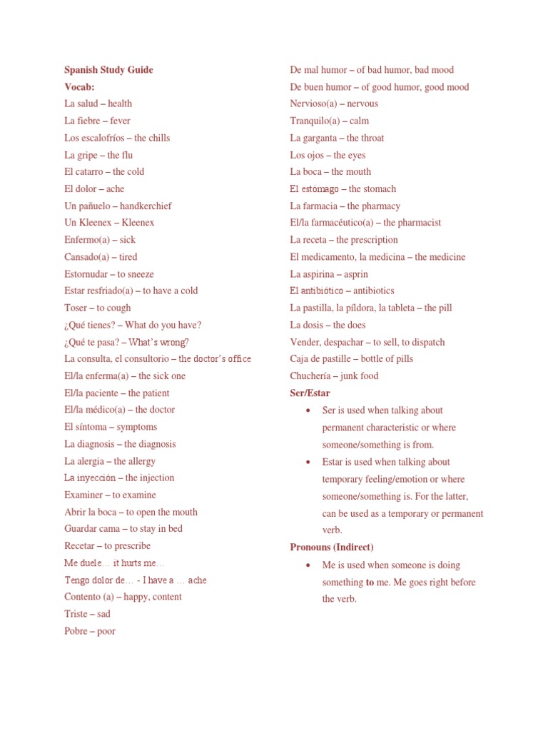 Spanish Health Vocabulary Guide | PDF