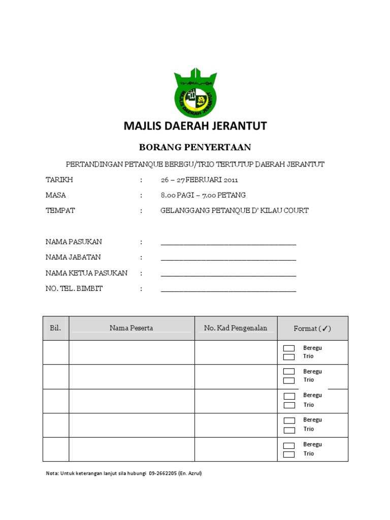 Borang Pendaftaran & Syarat Pertandingan Petanque | PDF