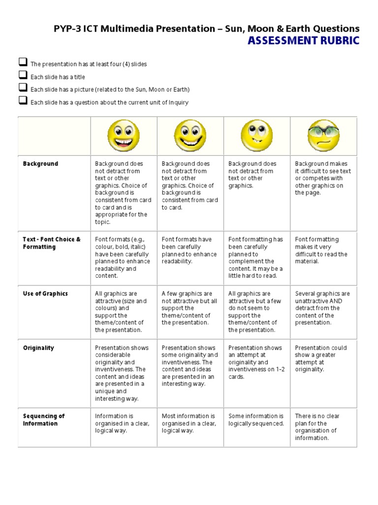 PYP-3 Presentation Assessment Rubric | PDF | Graphics | Multimedia