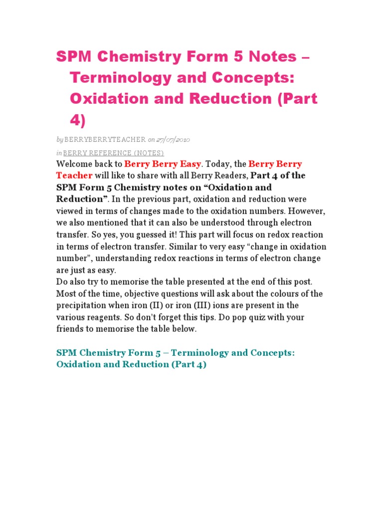 SPM Chemistry Form 5 - Redox Part 1 | PDF | Redox | Iron