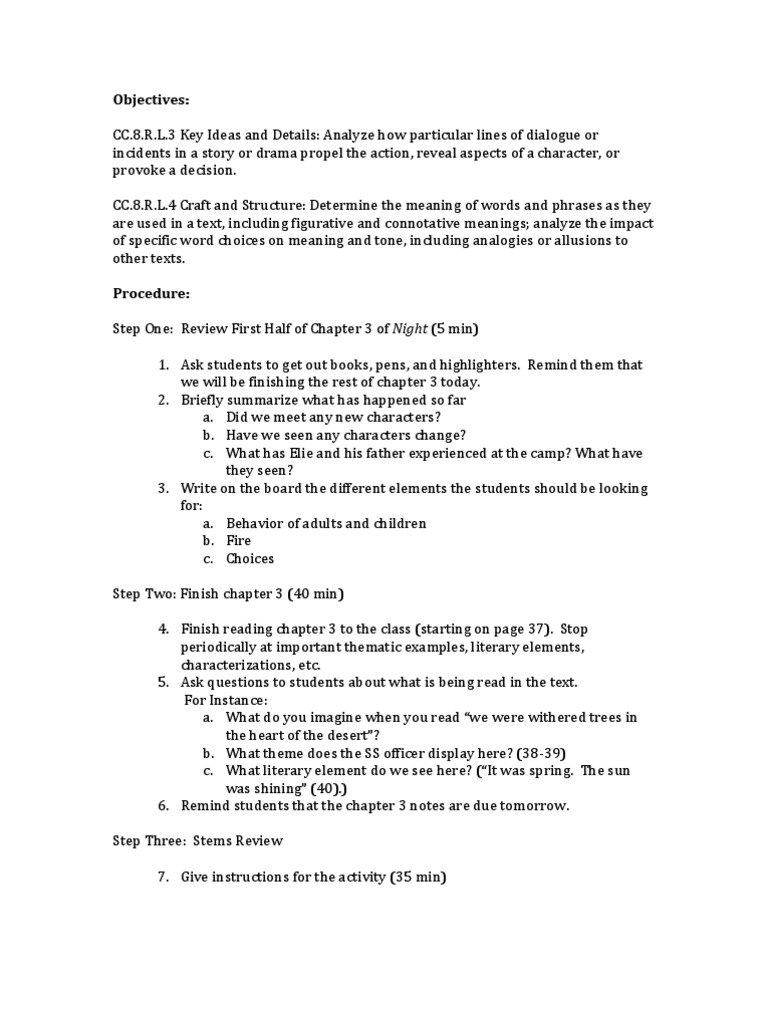 Chapter 3 Lesson Plan for Night | PDF