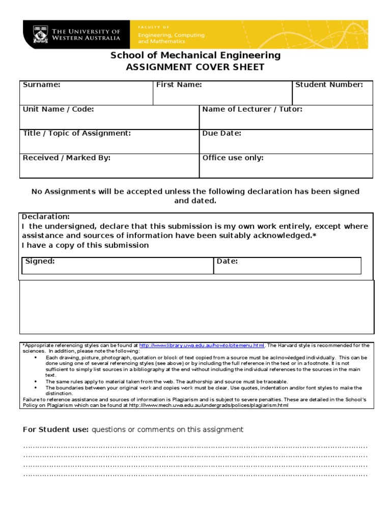 School of Mechanical Engineering Assignment Cover Sheet | PDF ...