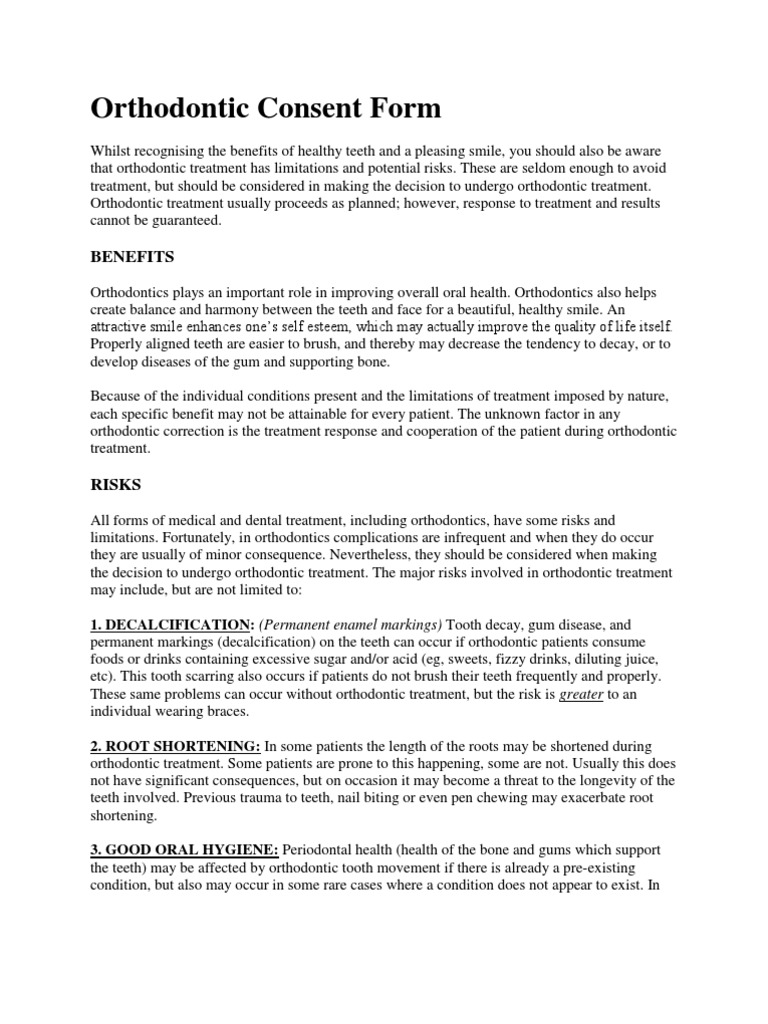Orthodontic Treatment Consent Form | PDF | Orthodontics | Human Tooth