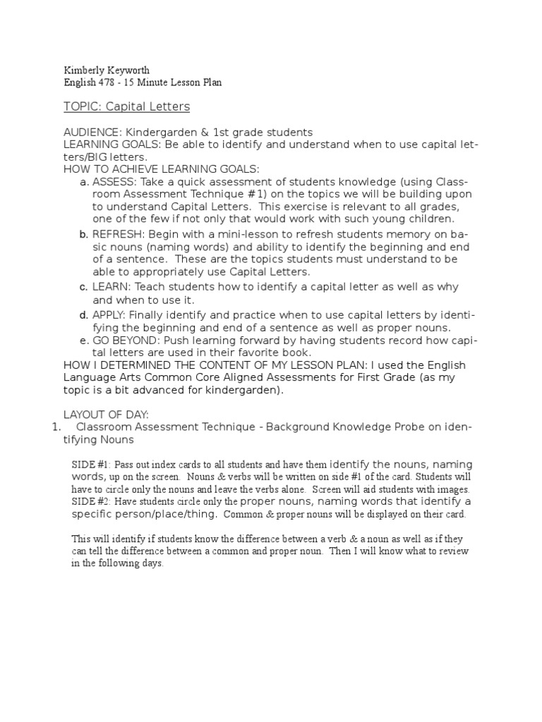 15 Min Lesson Plan On Capital Letters (k-1st Grade) | PDF | Letter Case ...