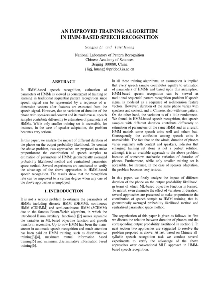 An Improved Training Algorithm in Hmm-Based Speech Recognition | PDF | Speech Recognition ...