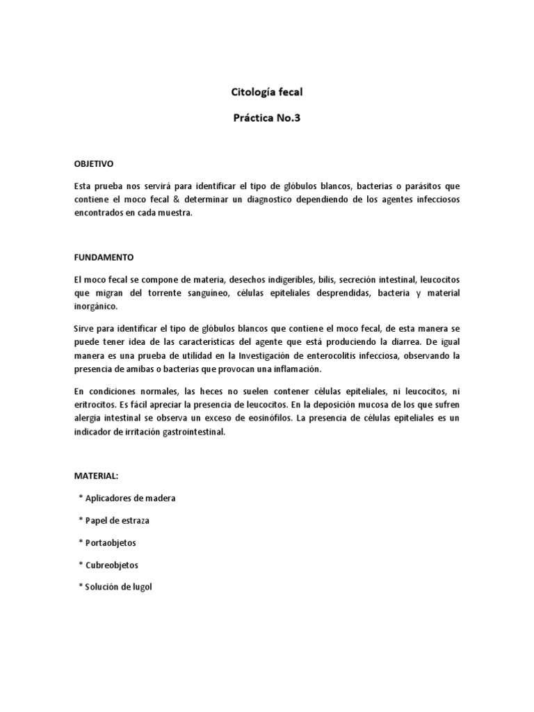 Practica 3 Moco Fecal | PDF | Heces | Leucocito