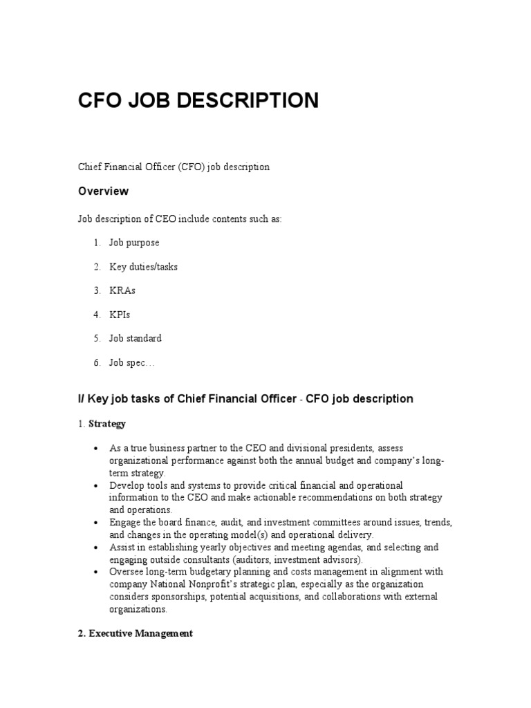 CFO Job Description | PDF | Chief Financial Officer | Audit