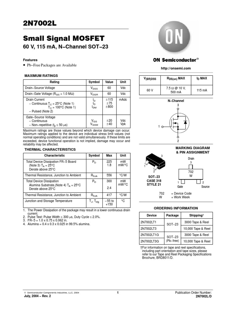 2N7002L Small Signal MOSFET: 60 V, 115 Ma, N Channel SOT 23 | PDF ...