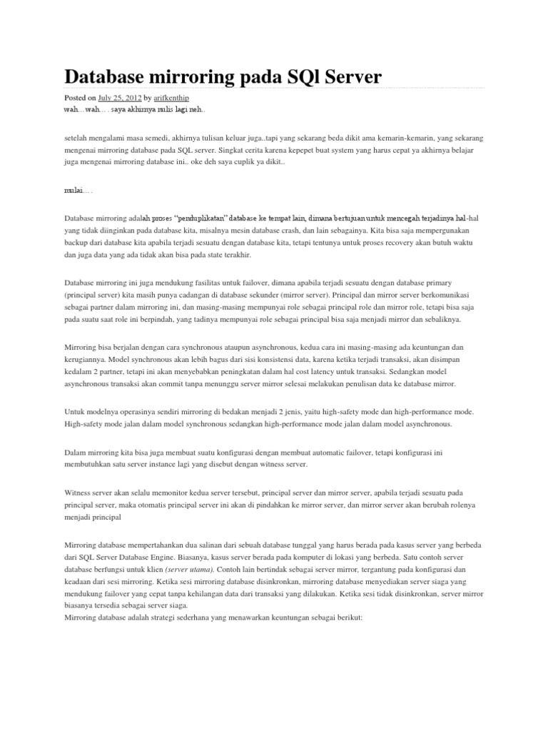 Database Mirroring Pada SQL | PDF