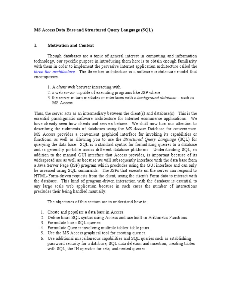 Understanding Databases And Sql An Introduction To Creating And Querying An Ms Access Database