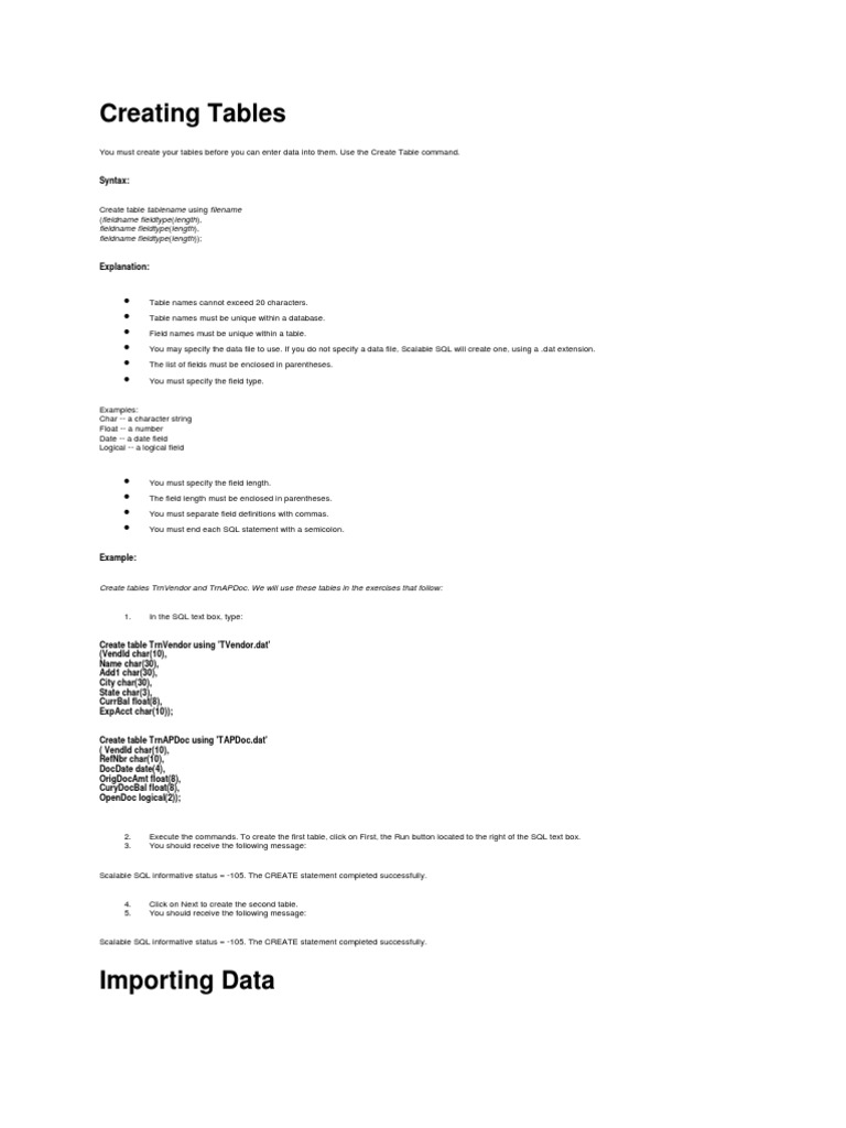 Creating Tables: Fieldname Fieldtype (Length), Fieldname Fieldtype ...