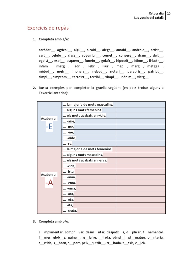 Les Vocals Del Català - Exercicis de Repàs de A-E I O-U | PDF