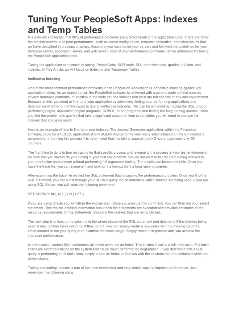 Optimize PeopleSoft: Indexes & Temp Tables | PDF | Database Index | Sql