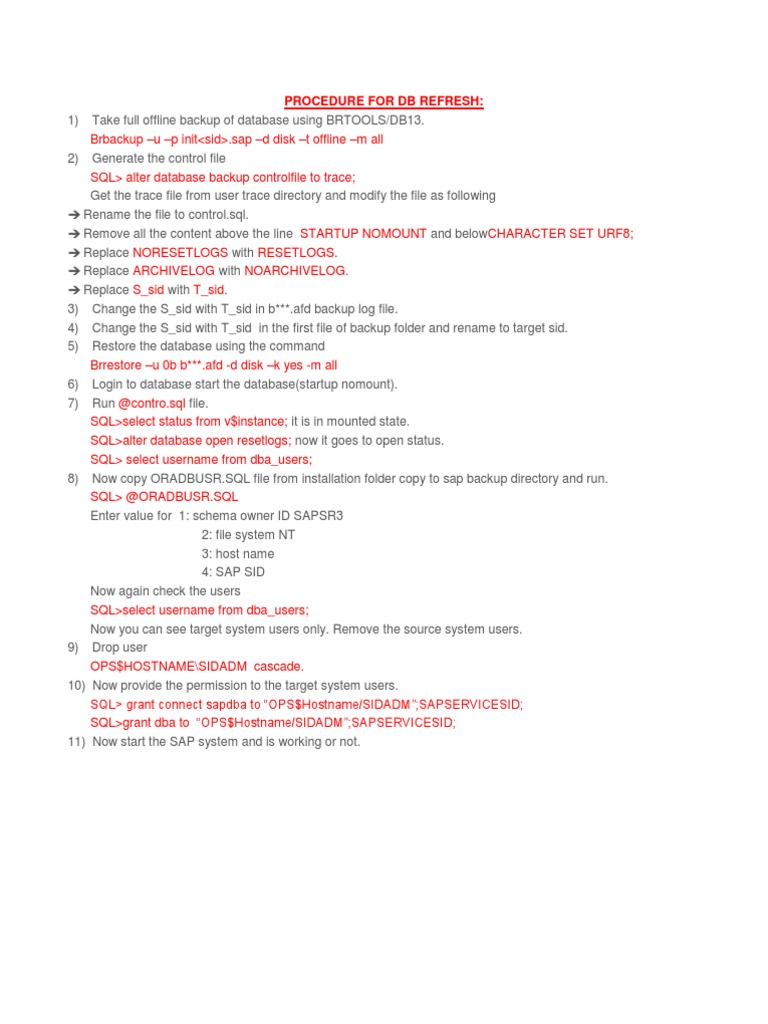 Procedure For Db Refresh Pdf Oracle Database Computer File