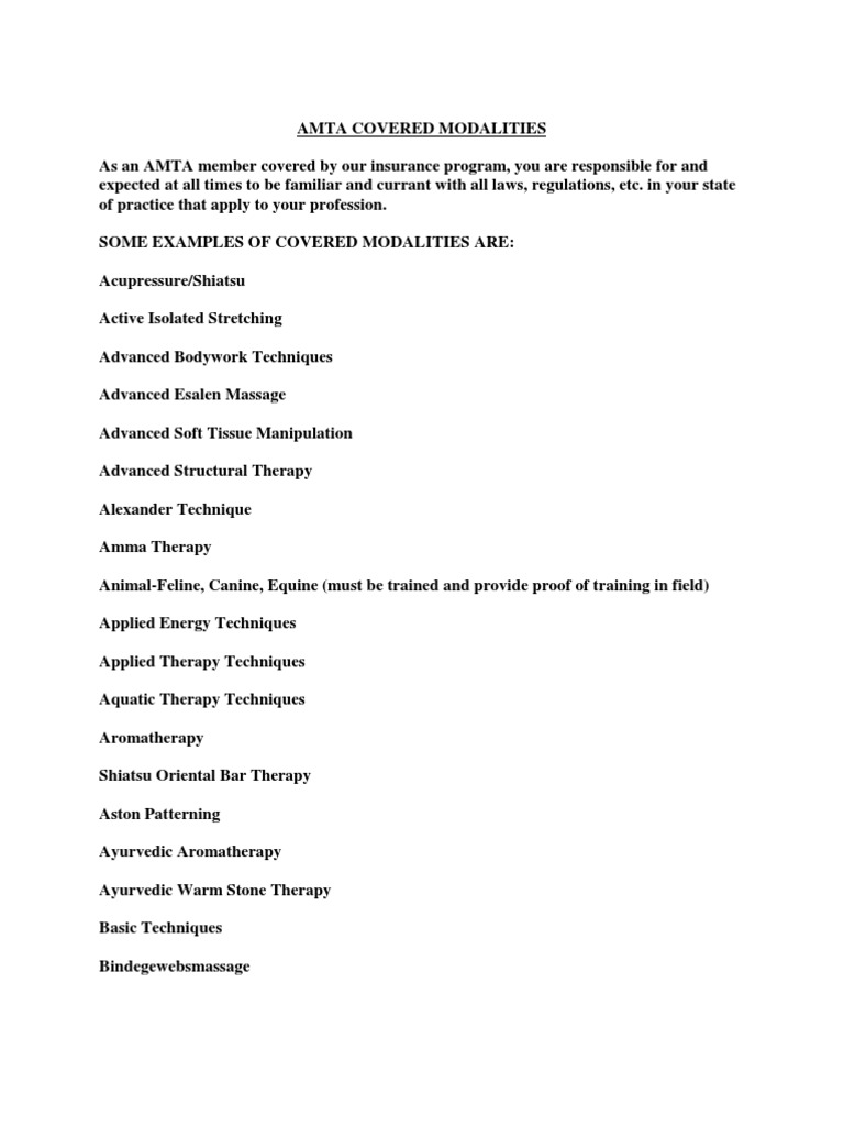 Amta Covered Modalities | PDF | Massage | Health Movements