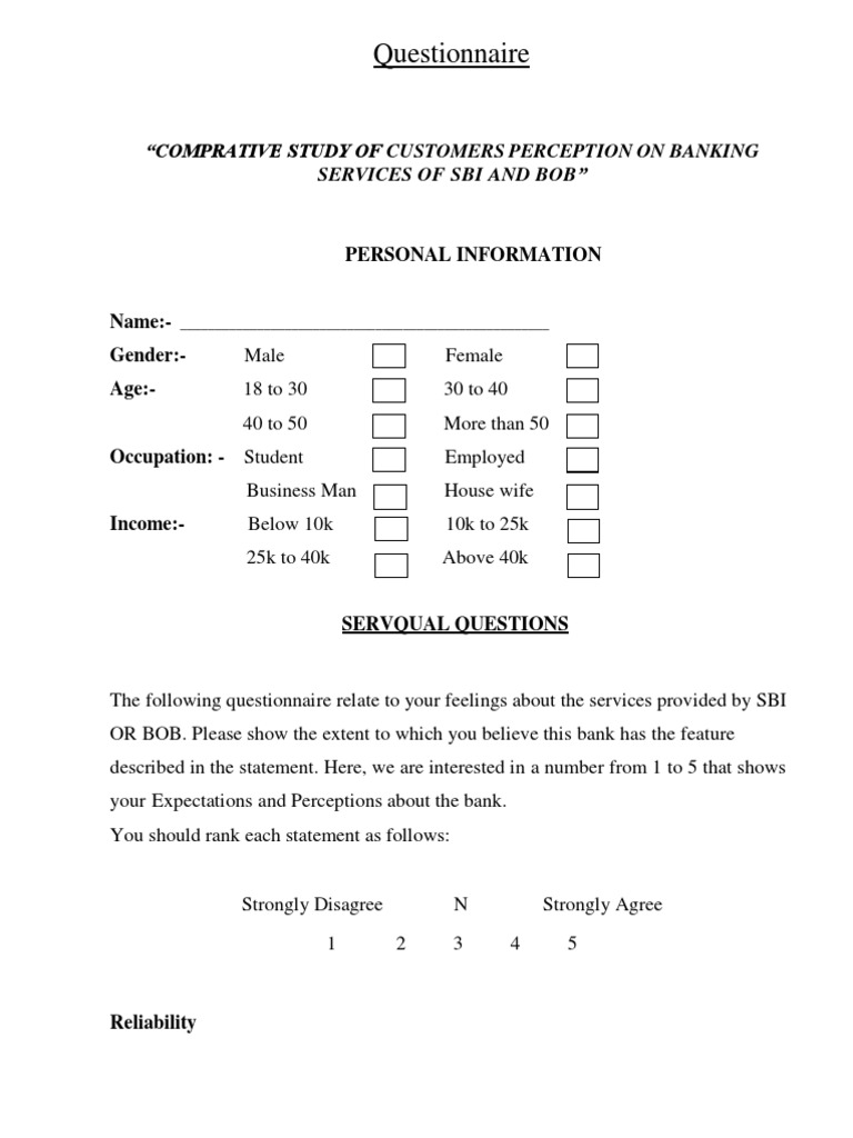 Questionnaire: "Comprative Study of Customers Perception On Banking ...