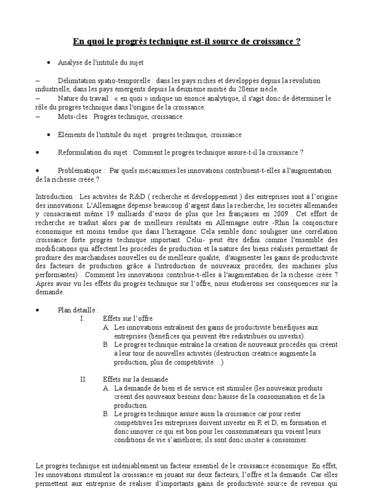 En Quoi Le Progrès Technique Est-Il Source de Croissance | PDF ...
