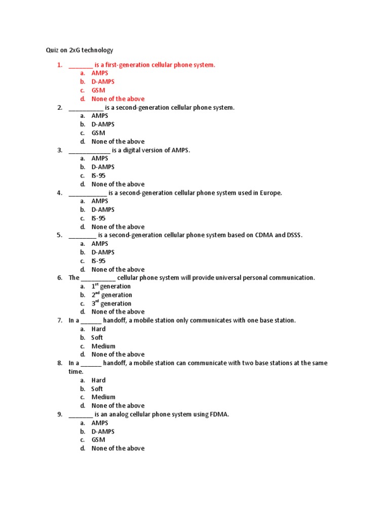 2xG Technology Quiz Questions | PDF | Telecommunications Standards ...