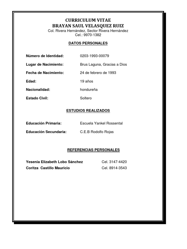 Curriculum Vitae Brayan Saul Velasquez Ruiz | PDF | Religión y espiritualidad