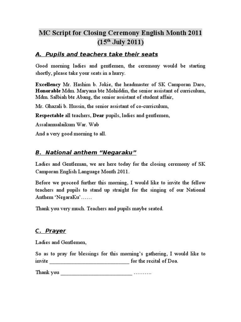 Closing Ceremony Script for English Month | PDF | Foreign Language Studies